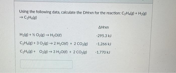 Solved Using the following data, calculate the DHrxn for the | Chegg.com