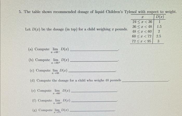 Solved 5. The table shows recommended dosage of liquid | Chegg.com