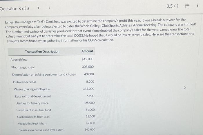 Solved James, the manager at Teal's Danishes, was excited to | Chegg.com