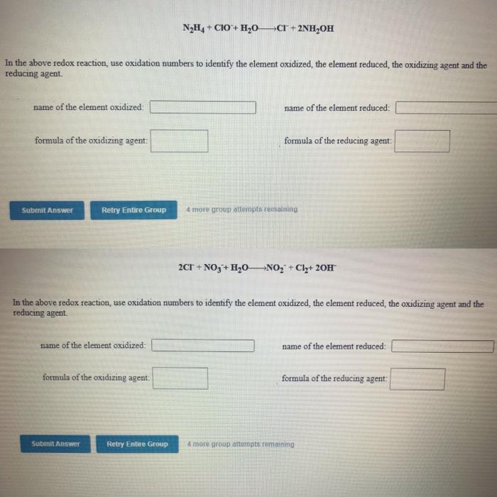 Solved N2H4+CIO+ H20 -Cl + 2NH,OH In the above redox | Chegg.com