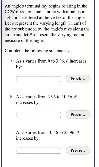 Solved An angle's terminal ray begins rotating in the CCW | Chegg.com