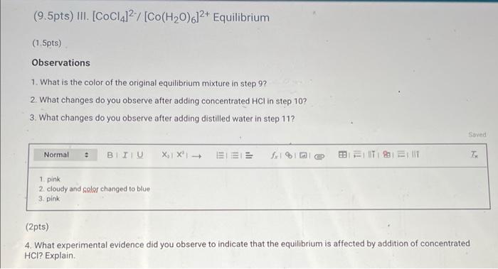 Solved (9.5pts) III. [CoCl4]2−/[Co(H2O)6]2+ Equilibrium | Chegg.com