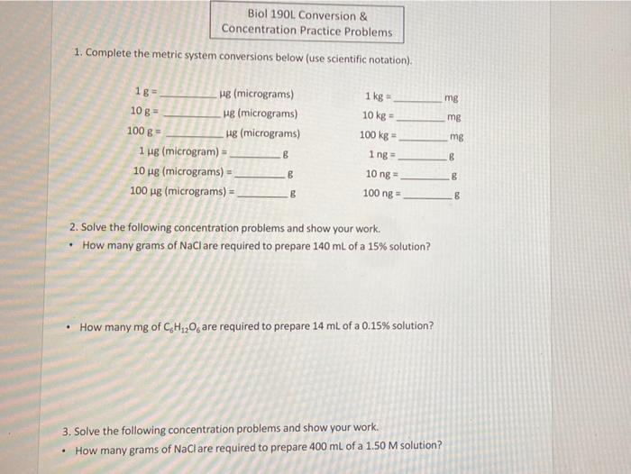 Solved Biol 190L Conversion & Concentration Practice | Chegg.com