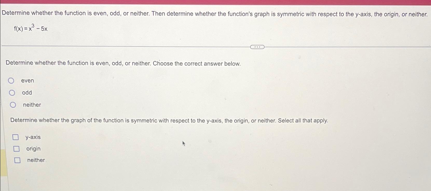 Solved Determine whether the function is even, odd, or | Chegg.com
