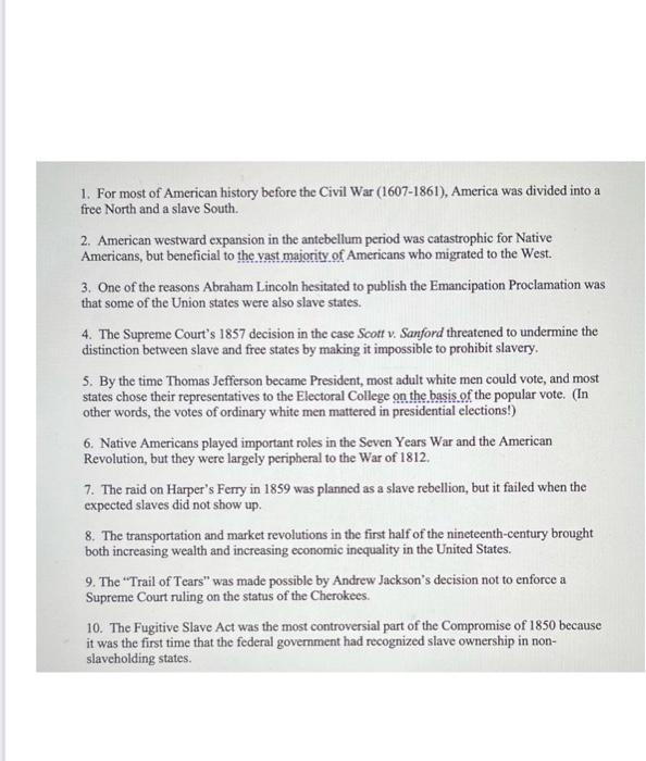 1. For most of American history before the Civil War | Chegg.com