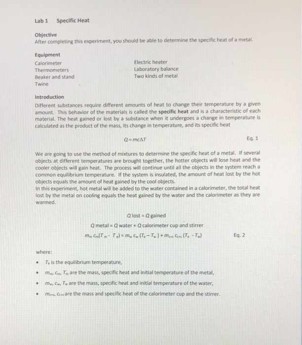 Solved Lab 1 Specific Heat Objective After completing this | Chegg.com