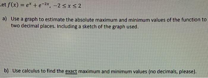 Solved Let f(x) = e* + e-2x -2 5x52 a) Use a graph to | Chegg.com