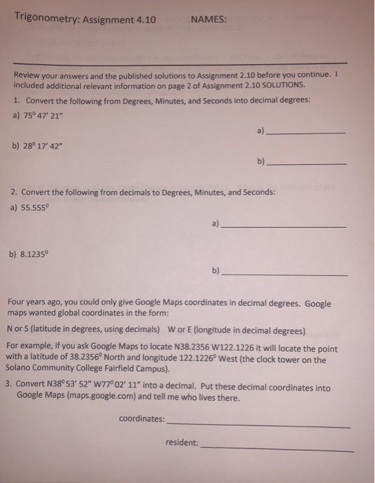 Solved Trigonometry: Assignment 4.10 NAMES: Review your | Chegg.com