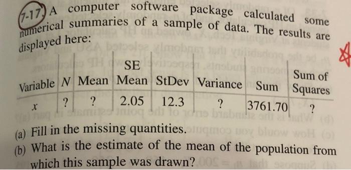 Solved 7 17 A Computer Software Package Calculated Some 0481