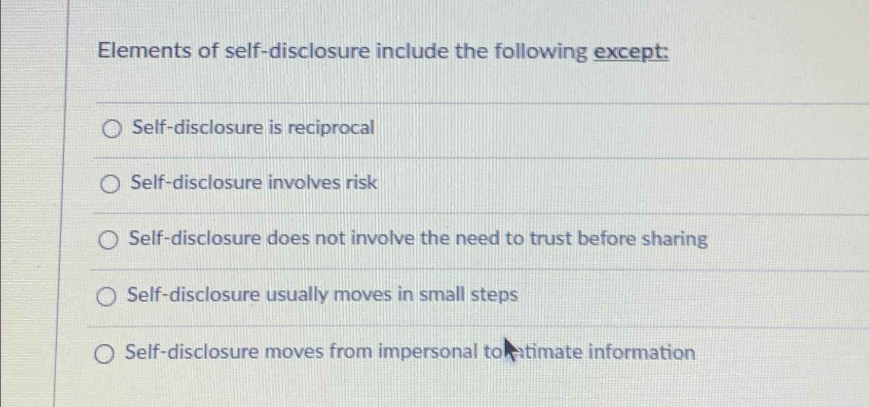 Solved Elements of self-disclosure include the following | Chegg.com