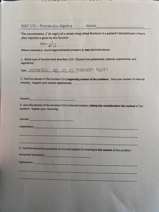 Solved MAT 171 - Precalculus Algebra Name The concentration, | Chegg.com