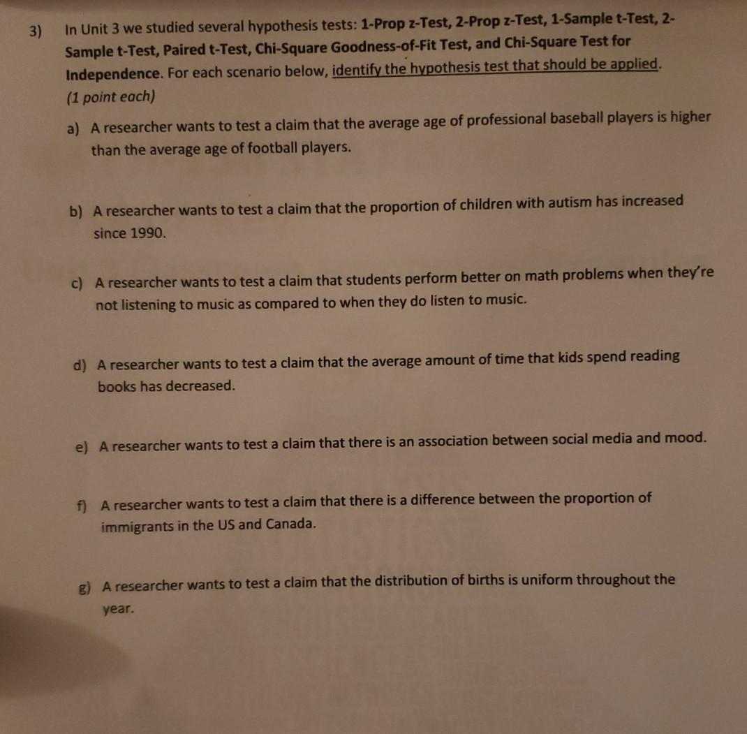 Solved 3) In Unit 3 we studied several hypothesis tests: | Chegg.com