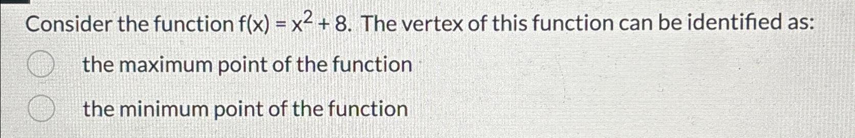 Solved Consider the function f(x)=x2+8. ﻿The vertex of this | Chegg.com