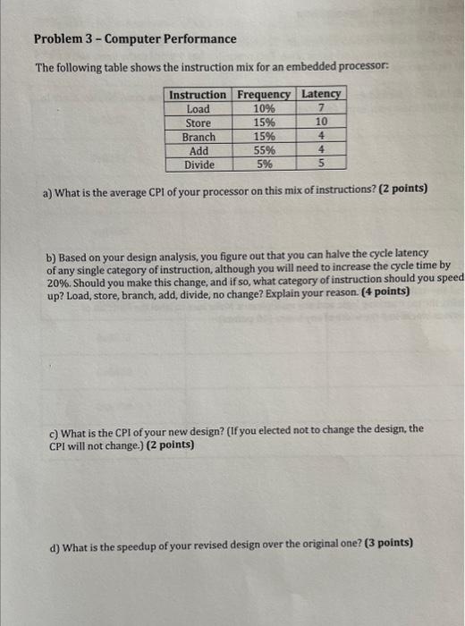Solved Problem 3 - Computer Performance The following table | Chegg.com
