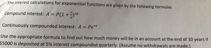 Solved The interest calculations for exponential functions | Chegg.com
