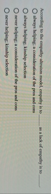Solved According to the empathy-altruism model, empathy is | Chegg.com