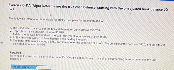 Solved Exercise 6-11A (Algo) Determining the true cash | Chegg.com
