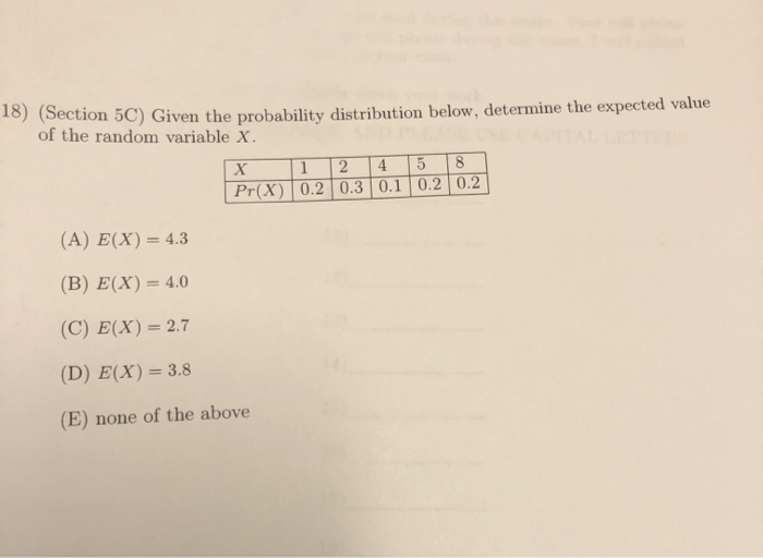 Solved 10) (Section 5C) Given the probability distribution | Chegg.com