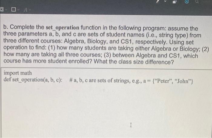 Solved D A b. Complete the set_operation function in the | Chegg.com