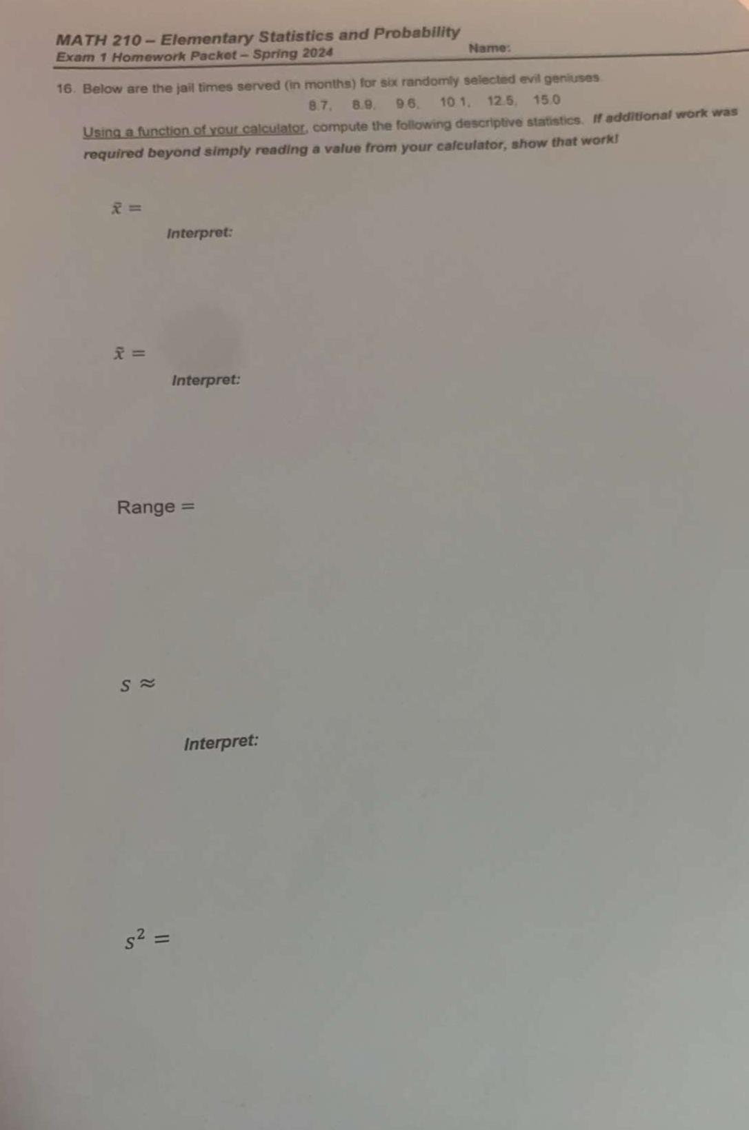 Solved MATH 210 - ﻿Elementary Statistics and ProbabilityExam | Chegg.com