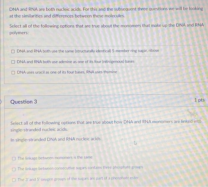 Solved DNA and RNA are both nucleic acids. For this and the | Chegg.com