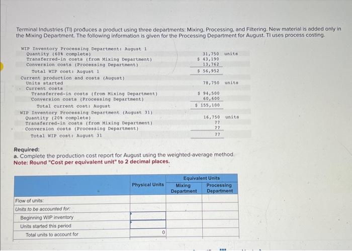 Solved Terminal Industries (TI) produces a product using | Chegg.com