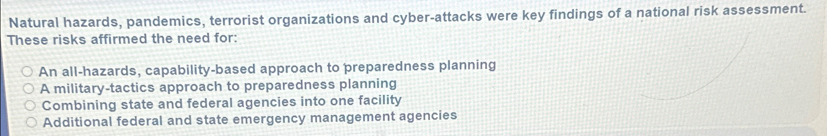 Solved Natural hazards, pandemics, terrorist organizations | Chegg.com