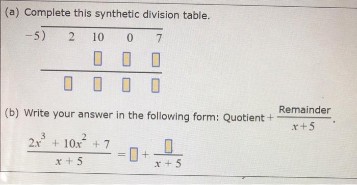 Solved (a) Complete this synthetic division table. -5) 2 10 | Chegg.com