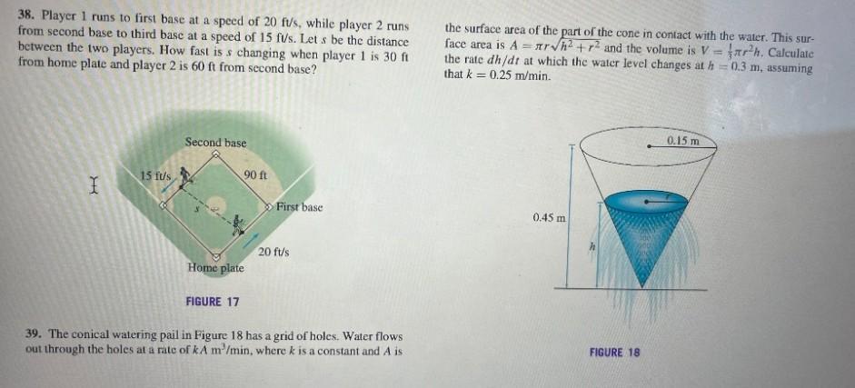 Solved 38. Player 1 runs to first base at a speed of 20ft/s, | Chegg.com