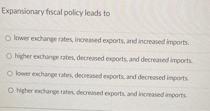 Solved Expansionary fiscal policy leads to lower exchange | Chegg.com