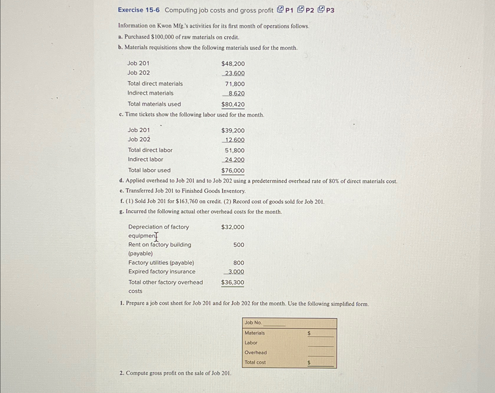 Solved Exercise 15-6 ﻿Computing job costs and gross profit | Chegg.com