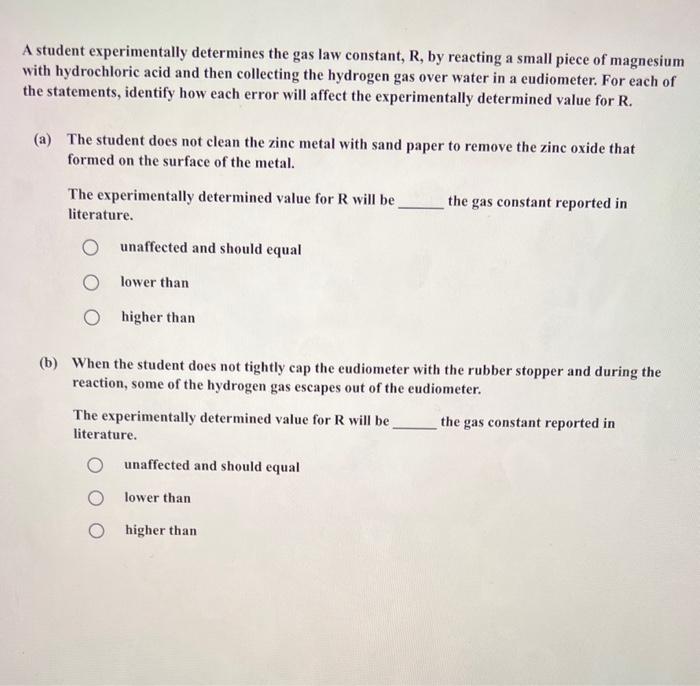 Solved A student experimentally determines the gas law | Chegg.com