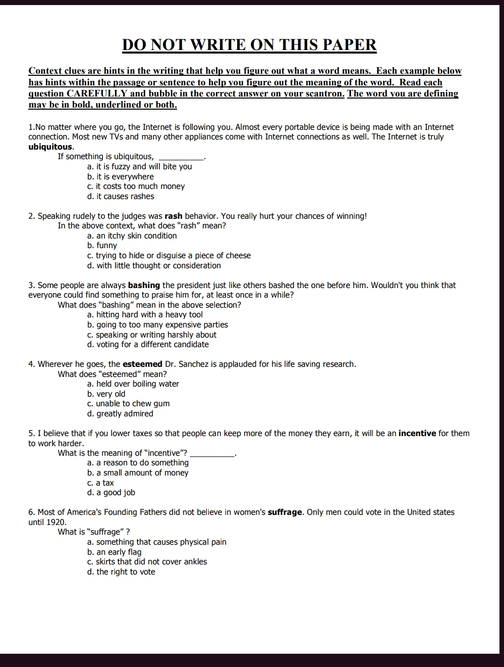 Solved DO NOT WRITE ON THIS PAPERContext clues are hints in | Chegg.com