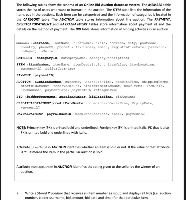 Solved The following tables show the schema of an Online Bid | Chegg.com