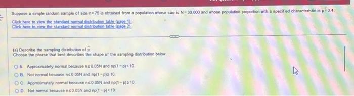 Solved Suppose a simple random sample of size n= 75 is | Chegg.com