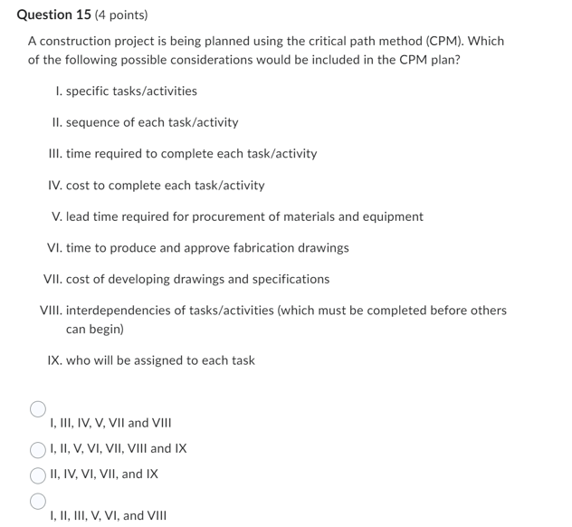 Solved Question 15 (4 ﻿points)A construction project is | Chegg.com