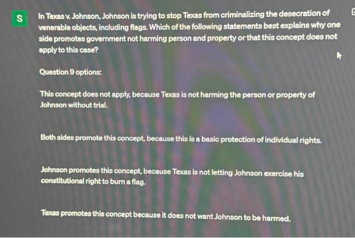 In Texas v. Johnson, Johnson is trying to stop Texas | Chegg.com