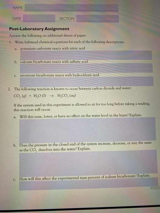 Solved NAME DATE SECTION Post-Laboratory Assignment Answer | Chegg.com