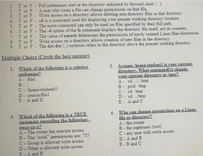 Solved 1. Tor F- Full pathnames start at the directory | Chegg.com