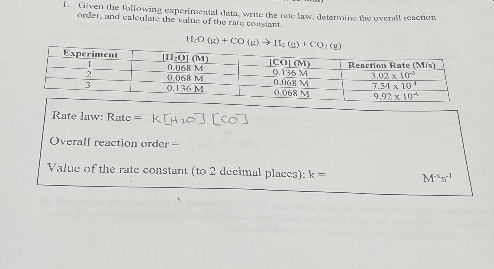 Solved Given the following experimental data, write the rate | Chegg.com