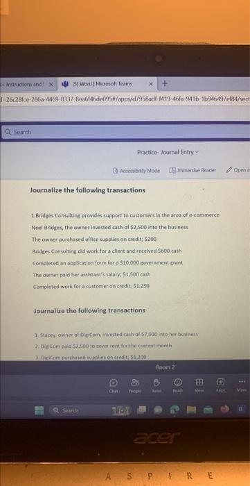 Solved Journalize the following transactions 1. Bridges | Chegg.com