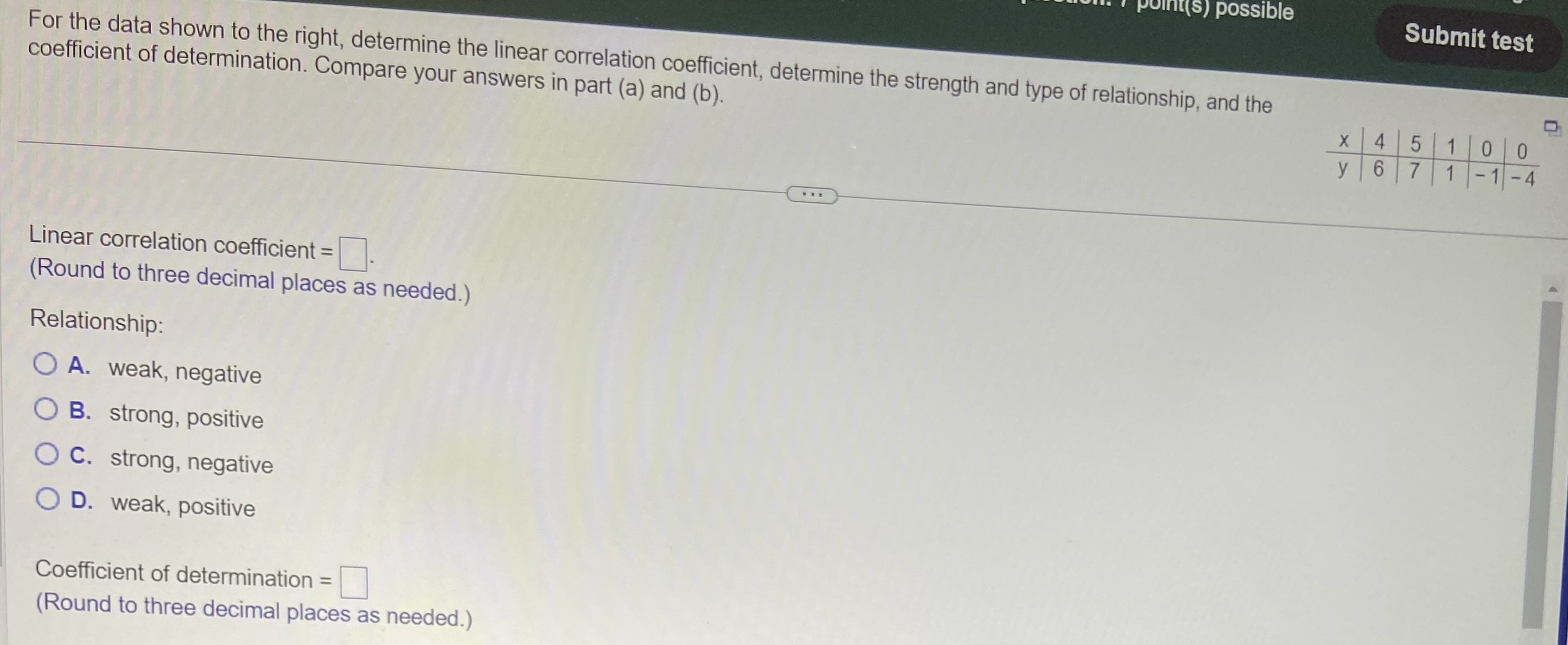 Solved For the data shown to the right, determine the linear | Chegg.com