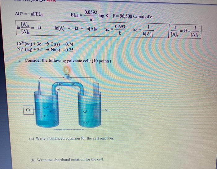 Solved AG° = nFE Cell Eccll 0.0592 log K F=96,500 C/mol of | Chegg.com