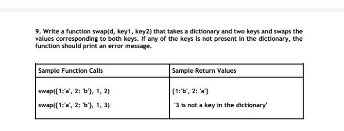 Solved a 9. Write a function swap(d, key1, key2) that takes | Chegg.com