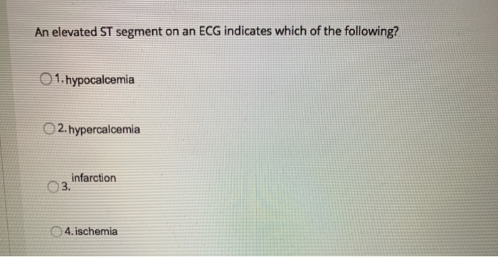 An elevated ST segment on an ECG indicates which of | Chegg.com