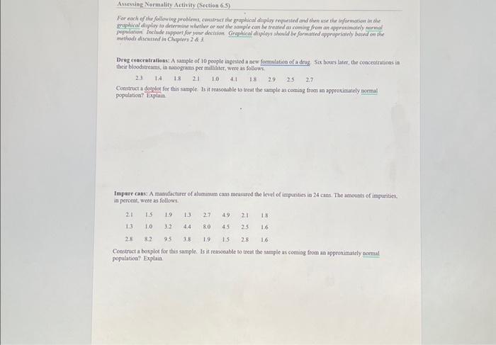 Solved Assessing Normality Activity (Section 6.5) For each | Chegg.com