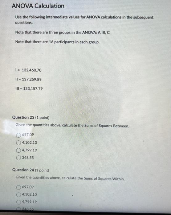 Solved ANOVA Calculation Use the following intermediate | Chegg.com