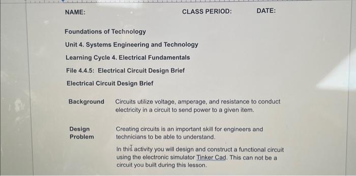 Solved NAME: CLASS PERIOD: DATE: Foundations of Technology | Chegg.com