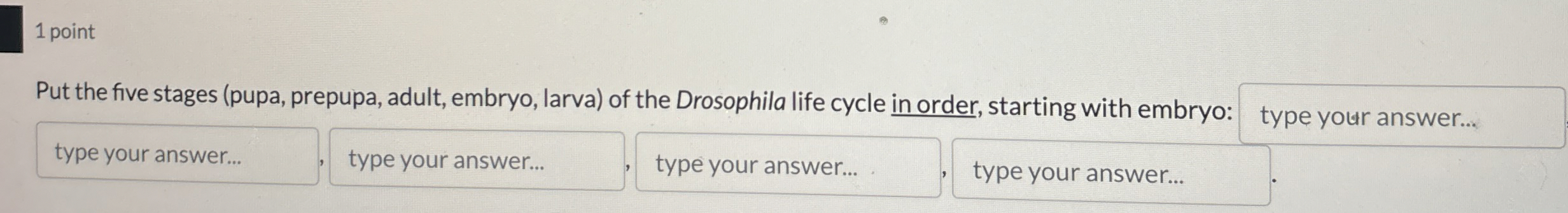 Solved 1 ﻿pointPut the five stages (pupa, ﻿prepupa, adult, | Chegg.com