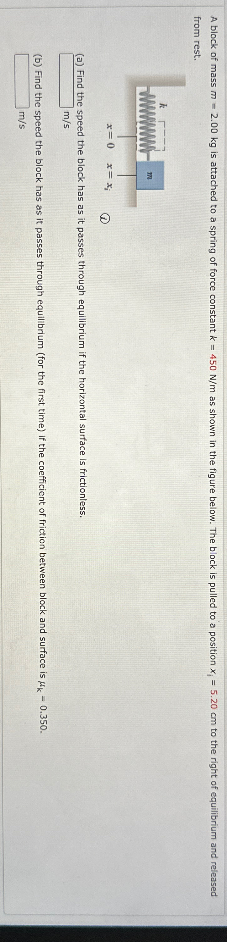 Solved from rest.(a) ﻿Find the speed the block has as it | Chegg.com